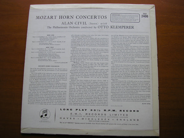 MOZART: HORN CONCERTOS ALAN CIVIL / PHILHARMONIA / KLEMPERER SAX 2406 ...