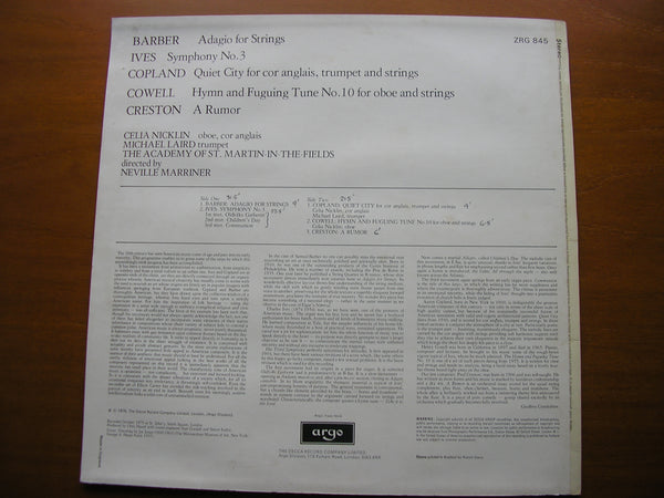 COPLAND: QUIET CITY / BARBER: ADAGIO / IVES: SYMPHONY No. 3 MARRINER ...