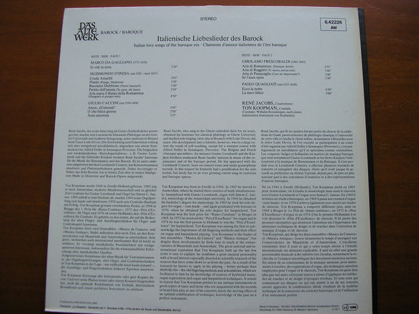 ITALIAN LOVE SONGS OF THE BAROQUE ERA RENE JACOBS / TON KOOPMAN 6.4222 ...
