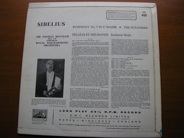 SIBELIUS: SYMPHONY No. 7 / PELLEAS & MELISANDE / THE OCEANIDES BEECHAM ...